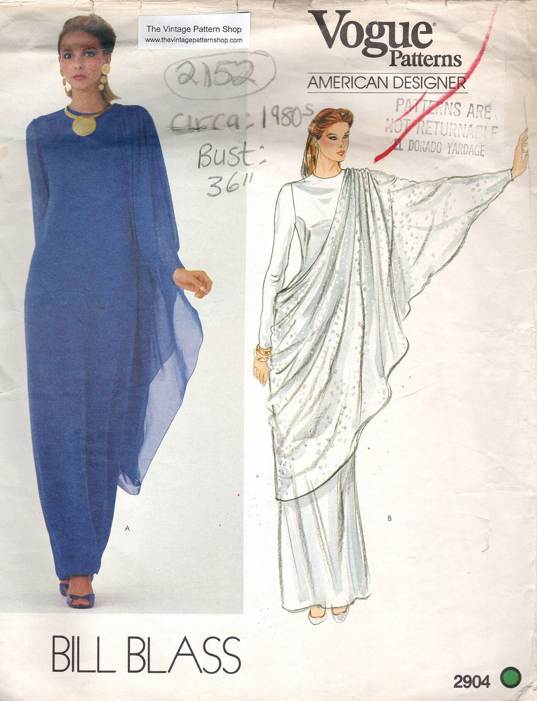 1980s Vintage VOGUE Sewing Pattern DRESS B36" (2152) by Bill Blass ...