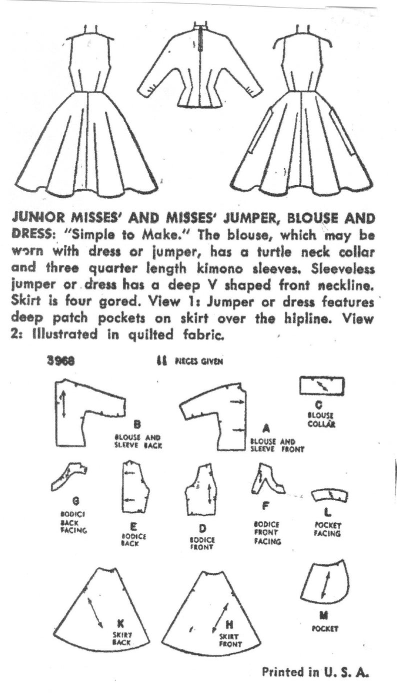 1952 Vintage Sewing Pattern B32in DRESS, JUMPER & BLOUSE (R343) by ...