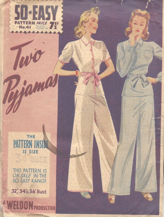 1940s WW2 Vintage Sewing Pattern B34 PYJAMAS 1363 by - Etsy