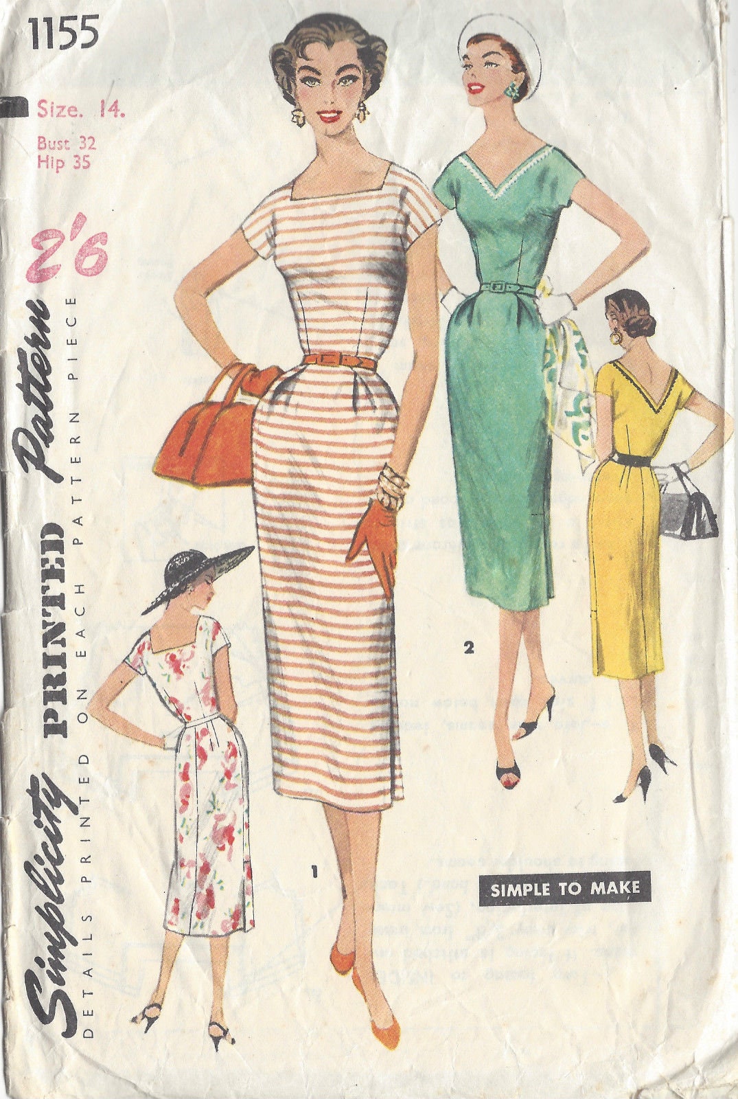 1955 Vintage Sewing Pattern Dress B32 1040 Simplicity 1155 - Etsy