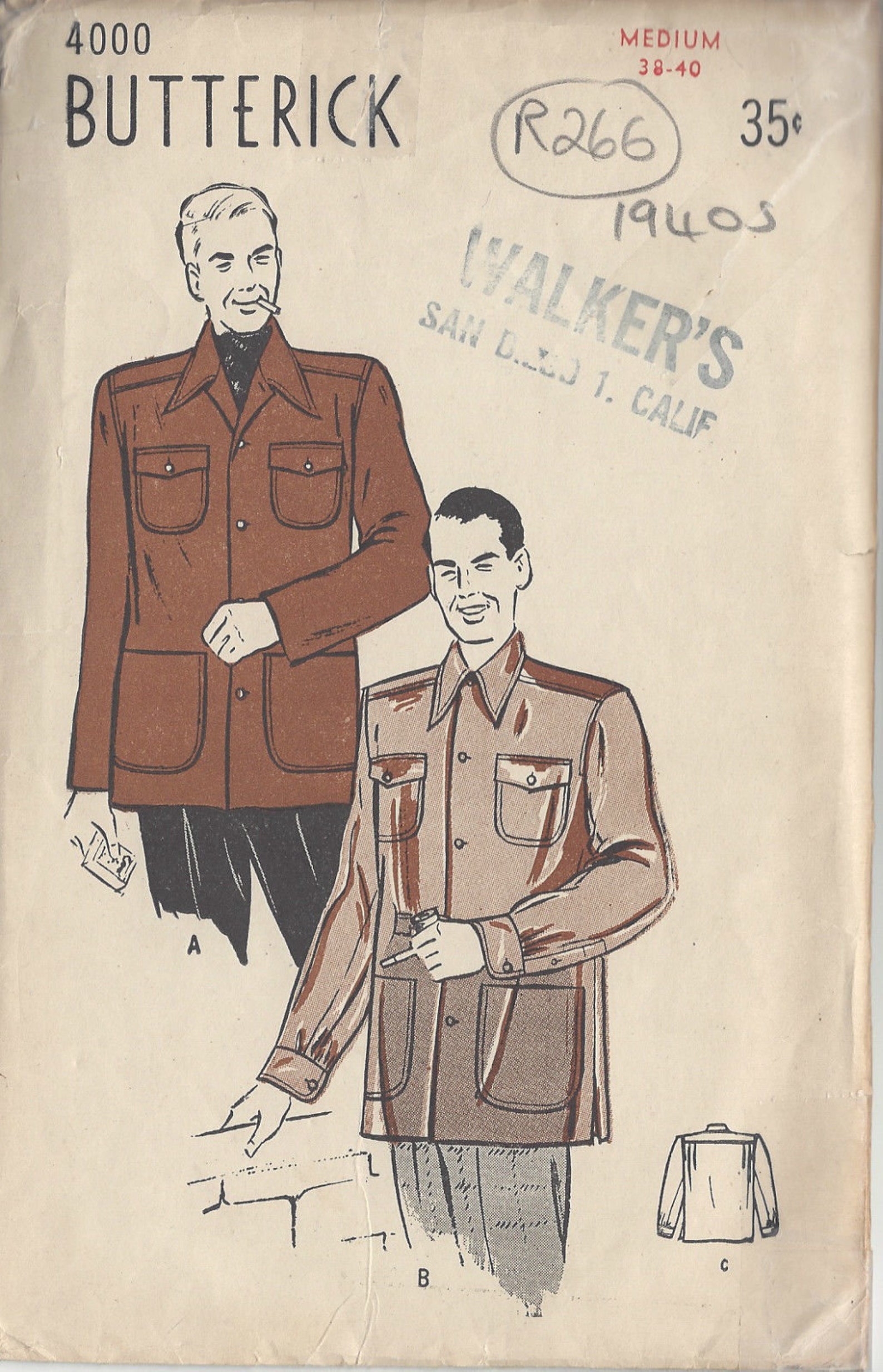 1940s Vintage Sewing Pattern MEN'S JACKET C38"-40" (R266) by Butterick ...