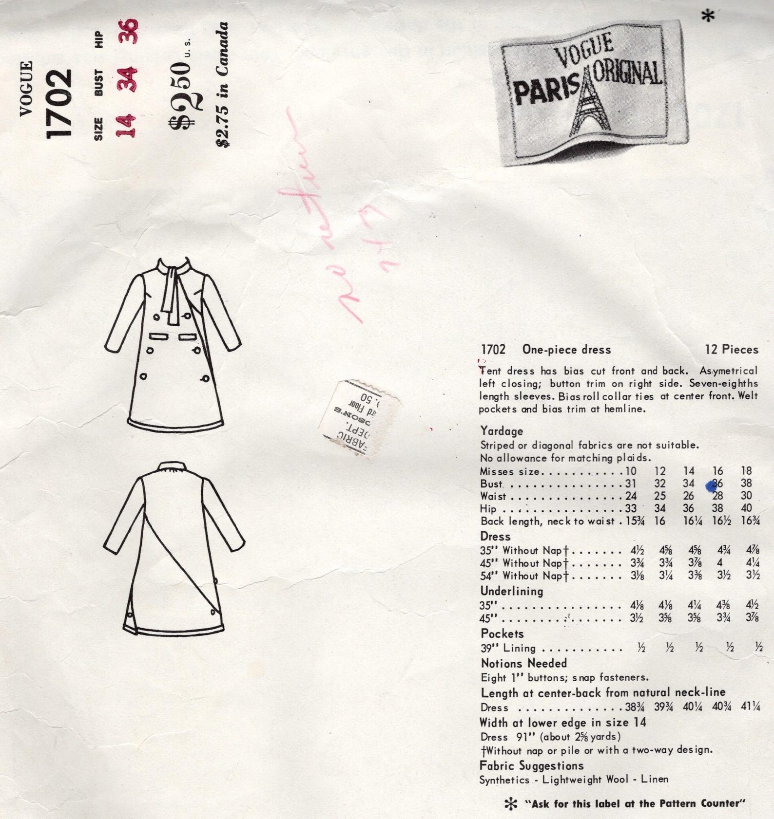 1967 Vintage VOGUE Sewing Pattern DRESS B34” (2256) by Pierre Cardin - Etsy