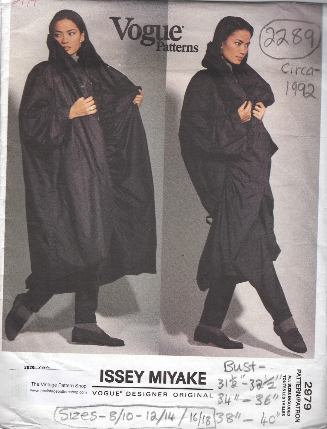 1992 Vintage VOGUE Sewing Pattern Bust: (31 1/2” -to- 40”) Coat (2289) by Issey Miyake Vogue ...