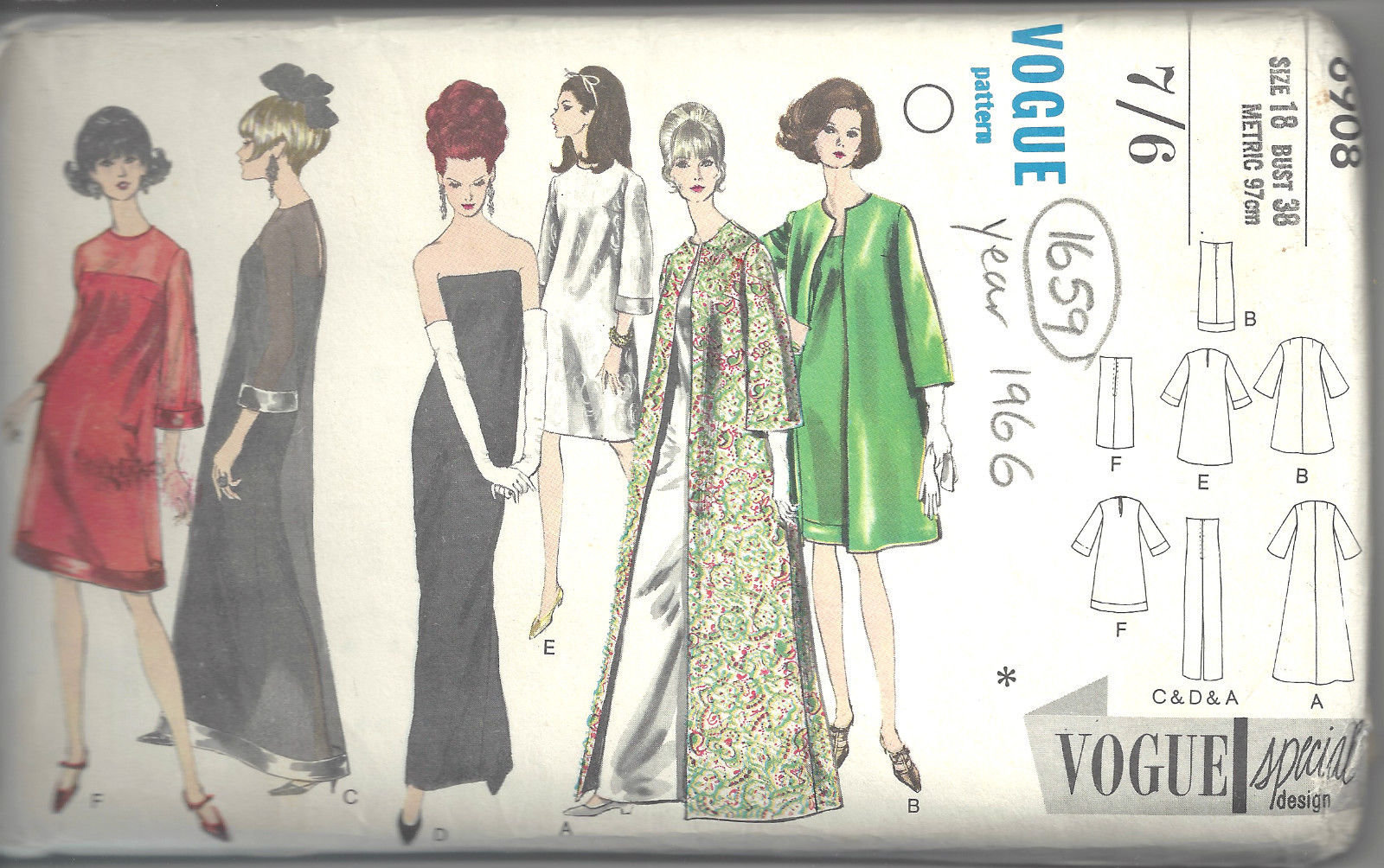 1966 Vintage VOGUE Sewing Pattern B38" Evening DRESS & COAT (1659 ...