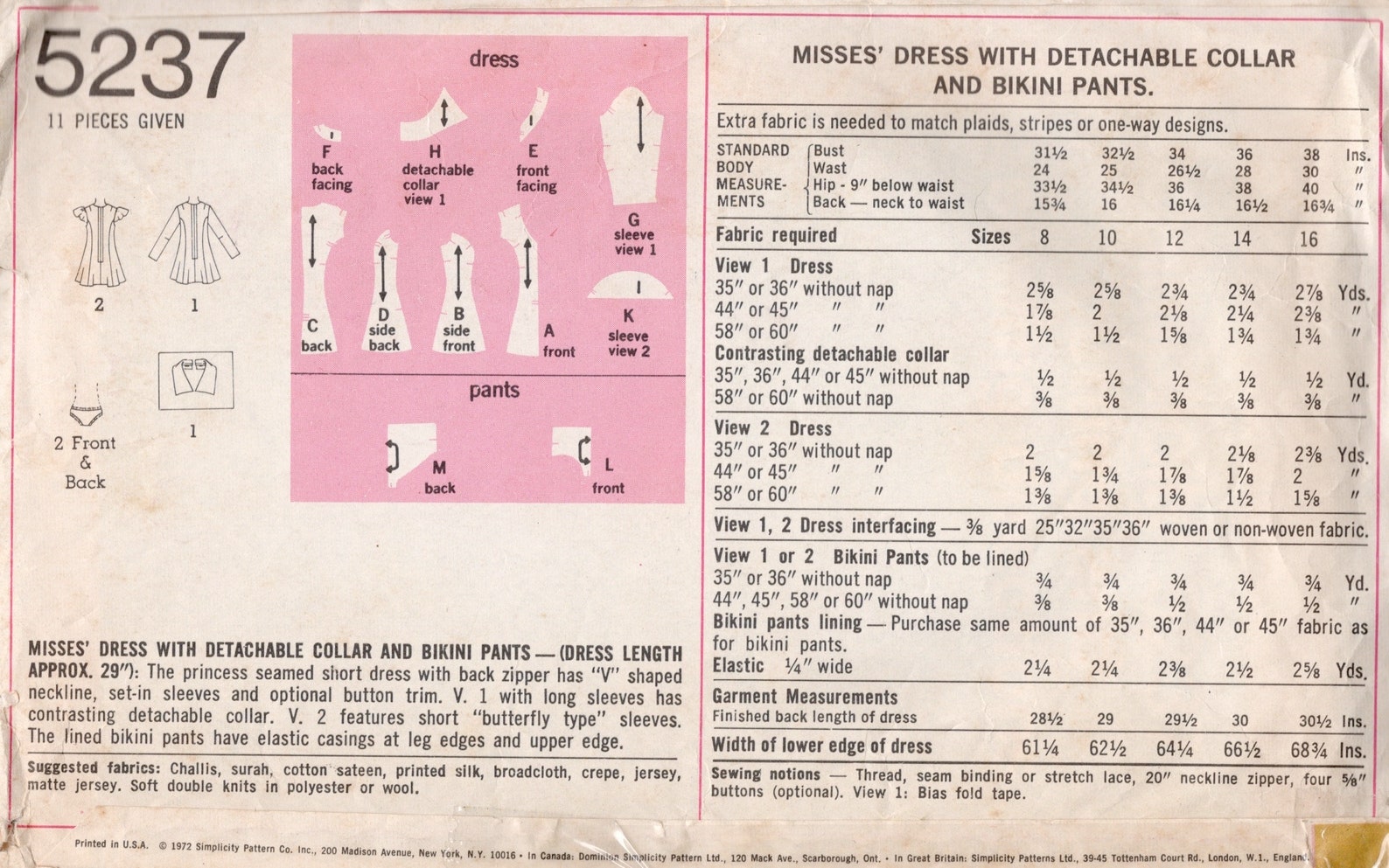1972 Vintage Sewing Pattern B34 DRESS Detachable Collar BIKINI PANTS ...