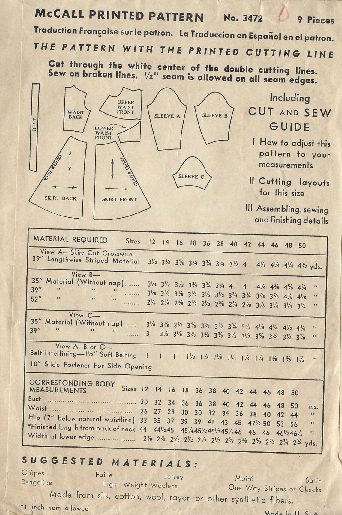 1939 WW2 Vintage Sewing Pattern B36" DRESS (1357) Mccall 3472 - Etsy