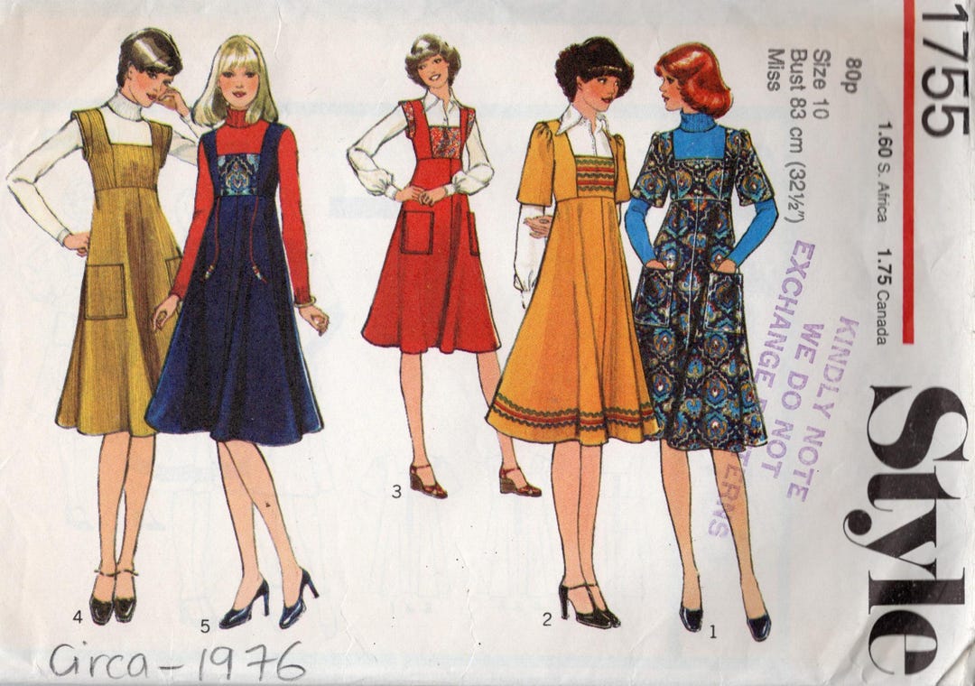 1976 Vintage Sewing Pattern Bust 32 1/2in Pinafore Dress and Dress ...