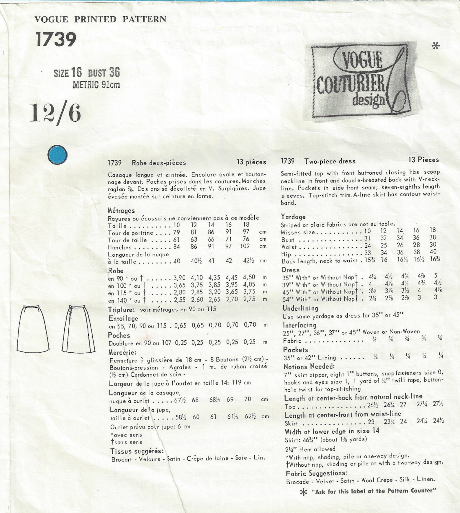 1967 Vintage VOGUE Sewing Pattern B36 Two-piece DRESS 1438R by Irene ...