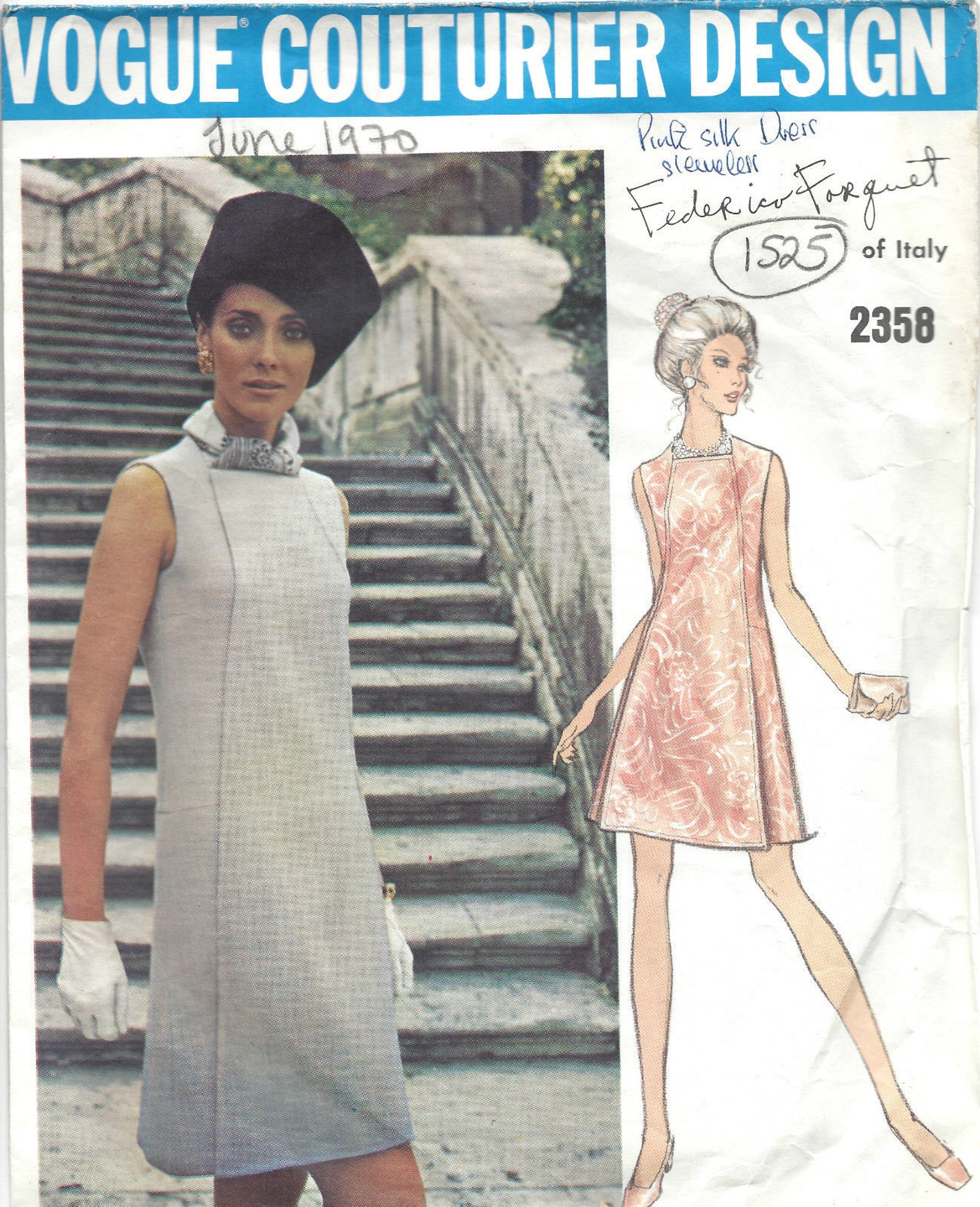 1970 Vintage VOGUE Sewing Pattern B38 DRESS (1525) by Ferderico Forquet ...