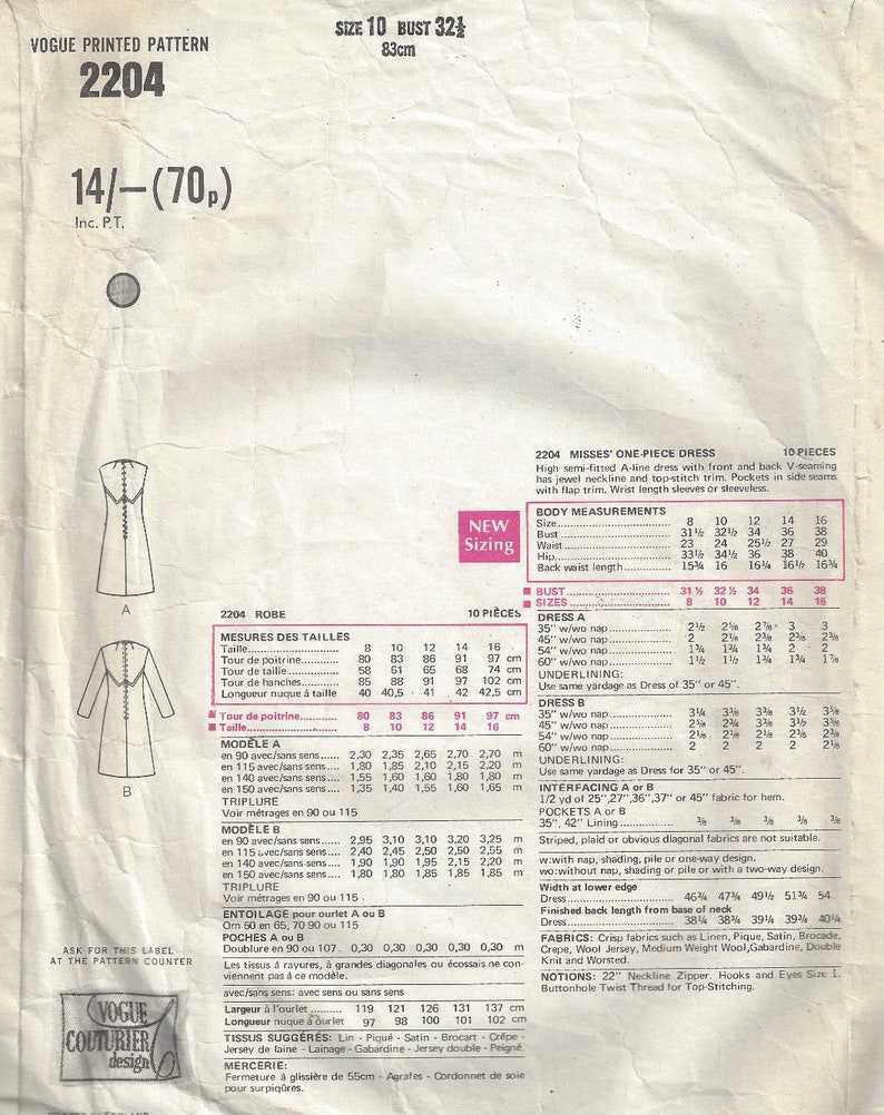 1969 Vintage VOGUE Sewing Pattern DRESS B32 1/2 (1720) by Valentino ...