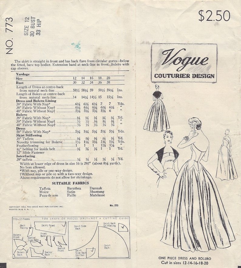 1953 Vintage VOGUE Sewing Pattern B30 Evening Dress/gown & BOLERO E1305 ...