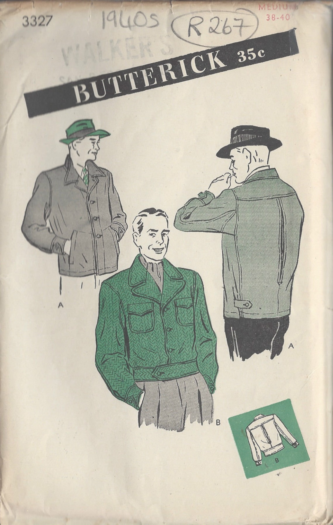 1940s Vintage Sewing Pattern MEN’S JACKET C38″ (R267) by Butterick 3327 ...