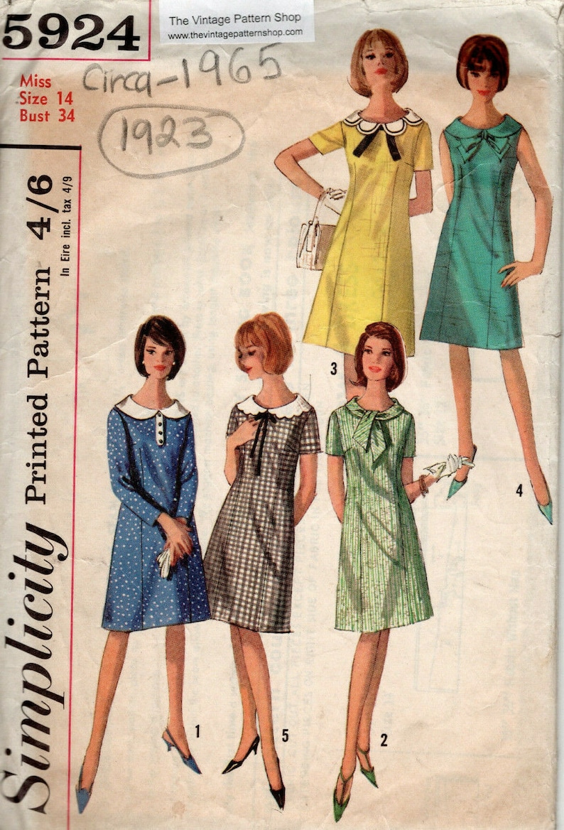 1965 Vintage Sewing Pattern DRESS Bust 34″ (1923) by Simplicity 5924 - Etsy