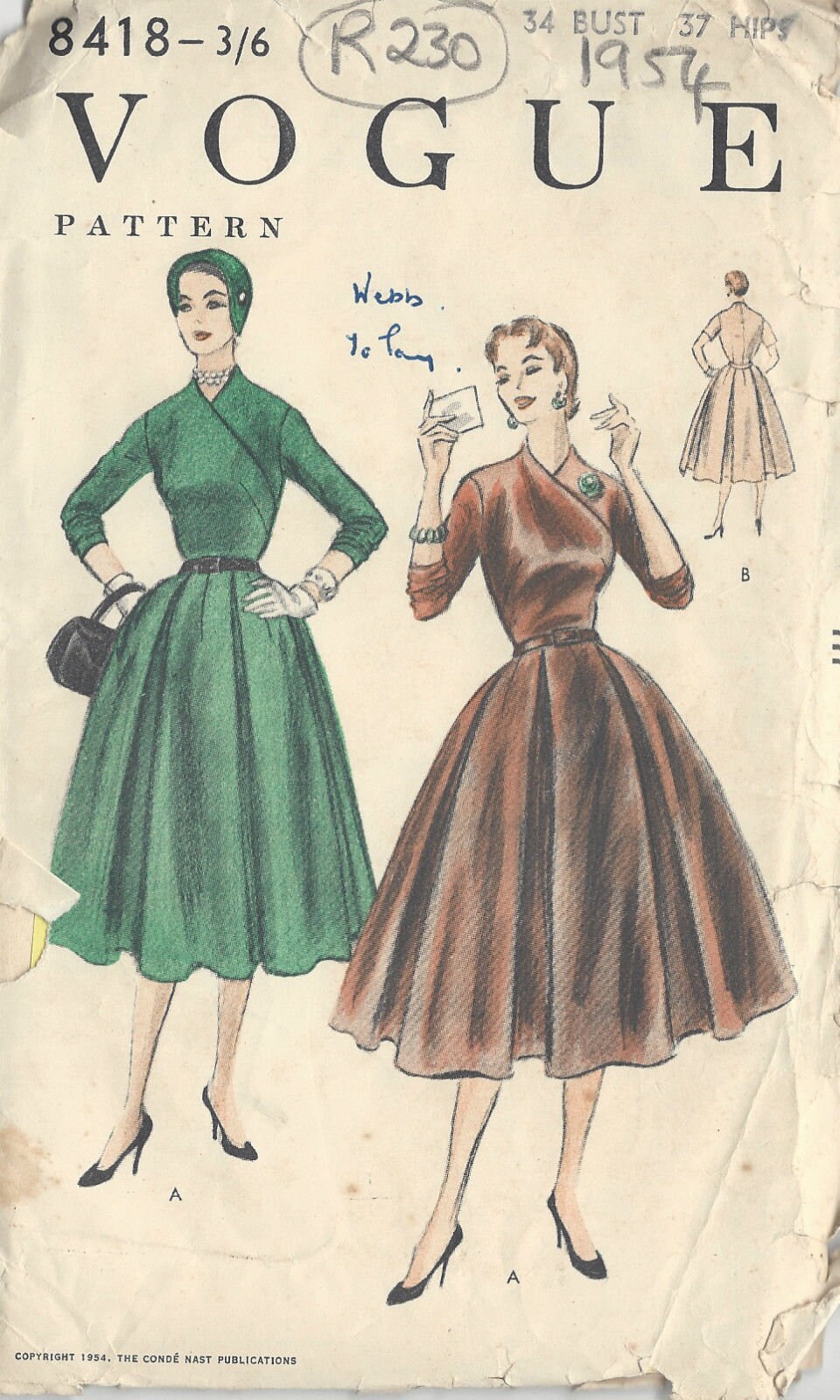 1954 Vintage VOGUE Sewing Pattern B34" One-piece DRESS (R230) Vogue ...
