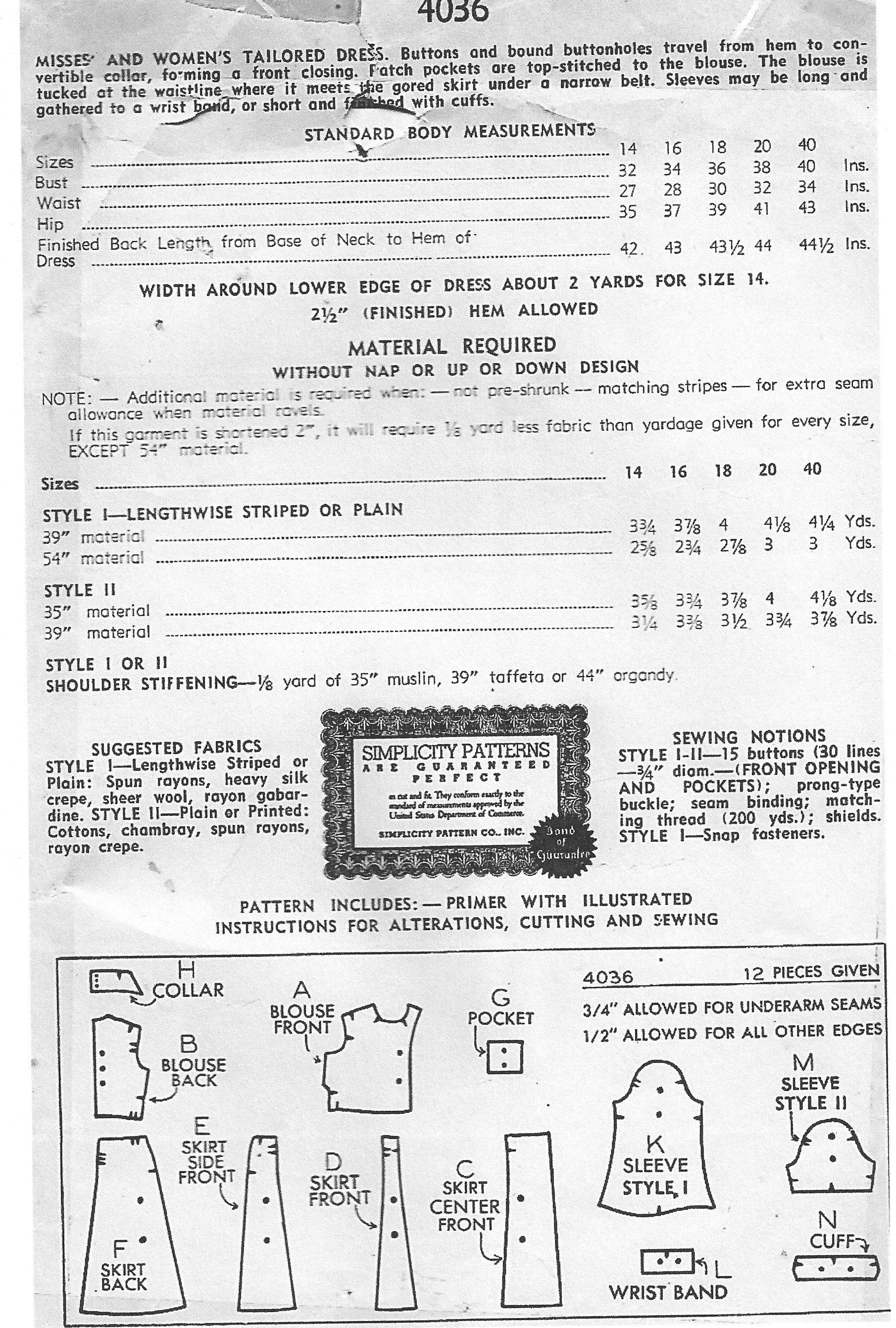 1940s Vintage Sewing Pattern DRESS B32 33 Simplicity 4036 - Etsy