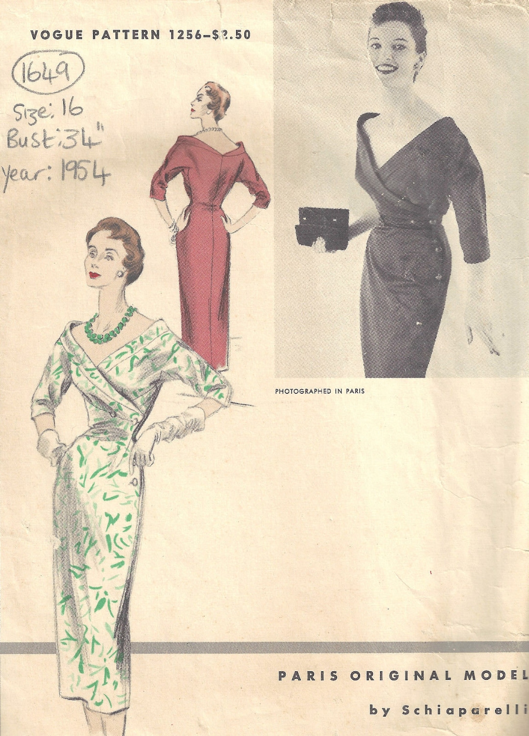 1954 Vintage VOGUE Sewing Pattern DRESS B34 (1649) by Schiaparelli ...