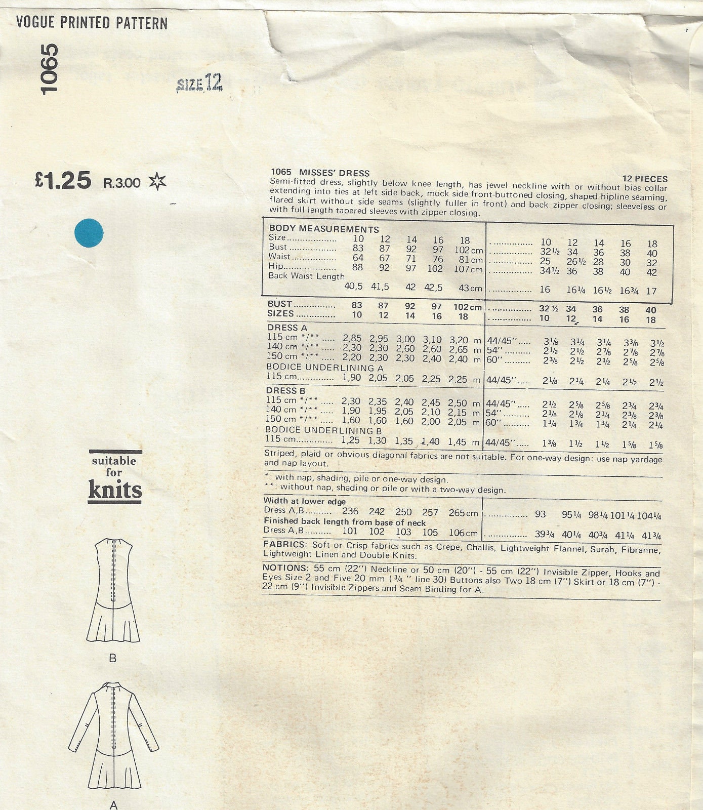 1974 Vintage VOGUE Sewing Pattern B34 DRESS R973 Fabiani of - Etsy