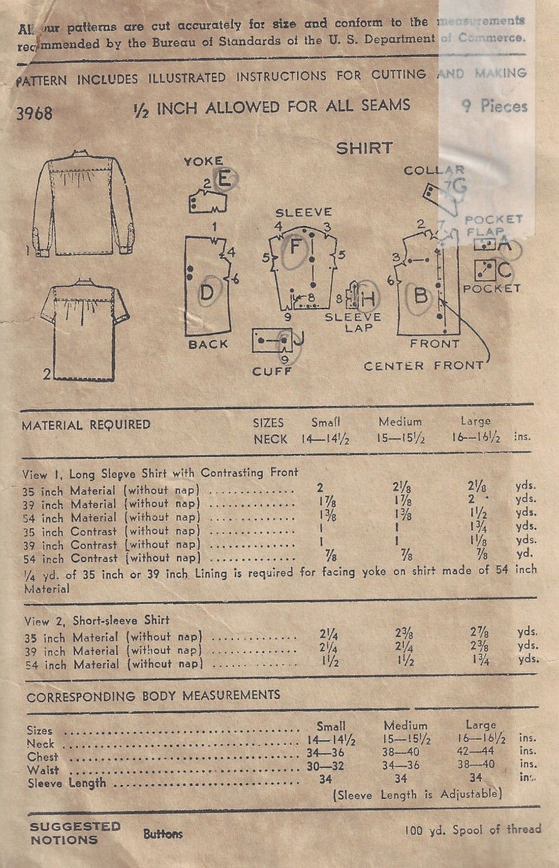 1940s Vintage Sewing Pattern Size 14-14 1/2" (chest: 34-36") Mens Shirt ...
