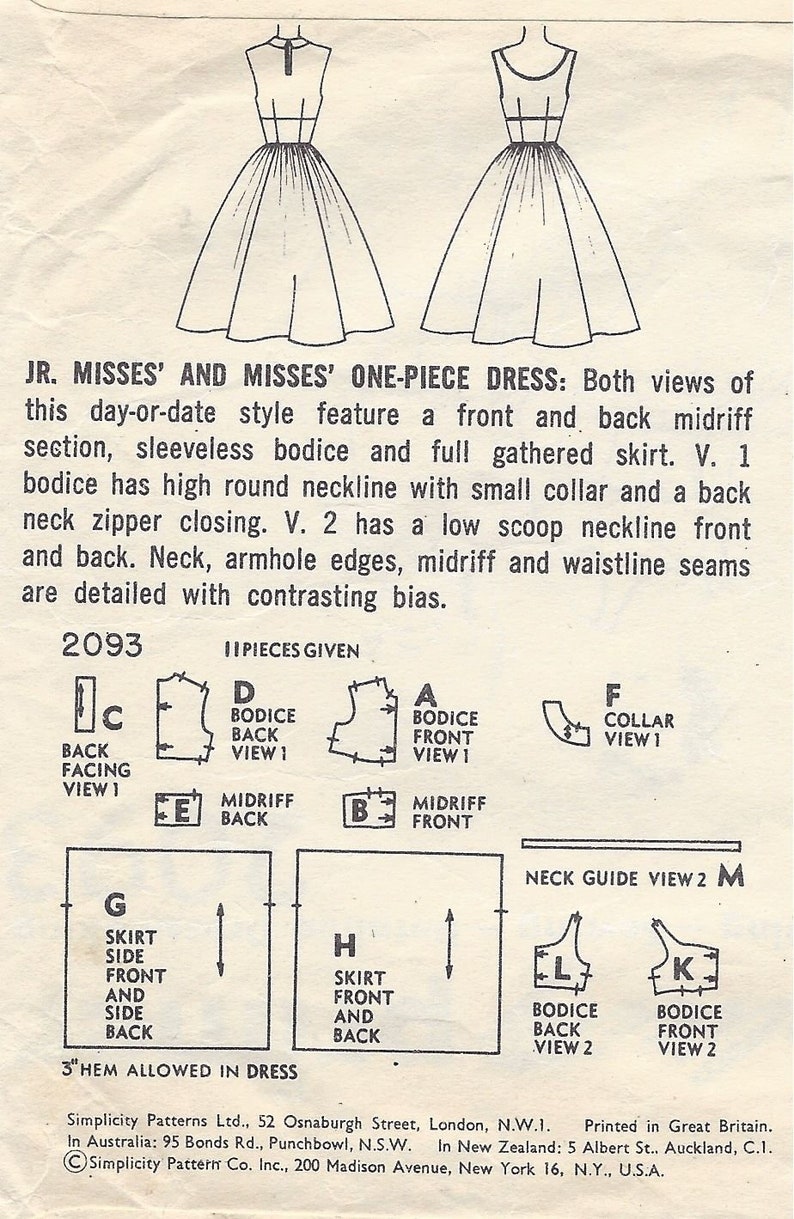 1957 Vintage Sewing Pattern DRESS B34" (212) Simplicity 2093 - Etsy