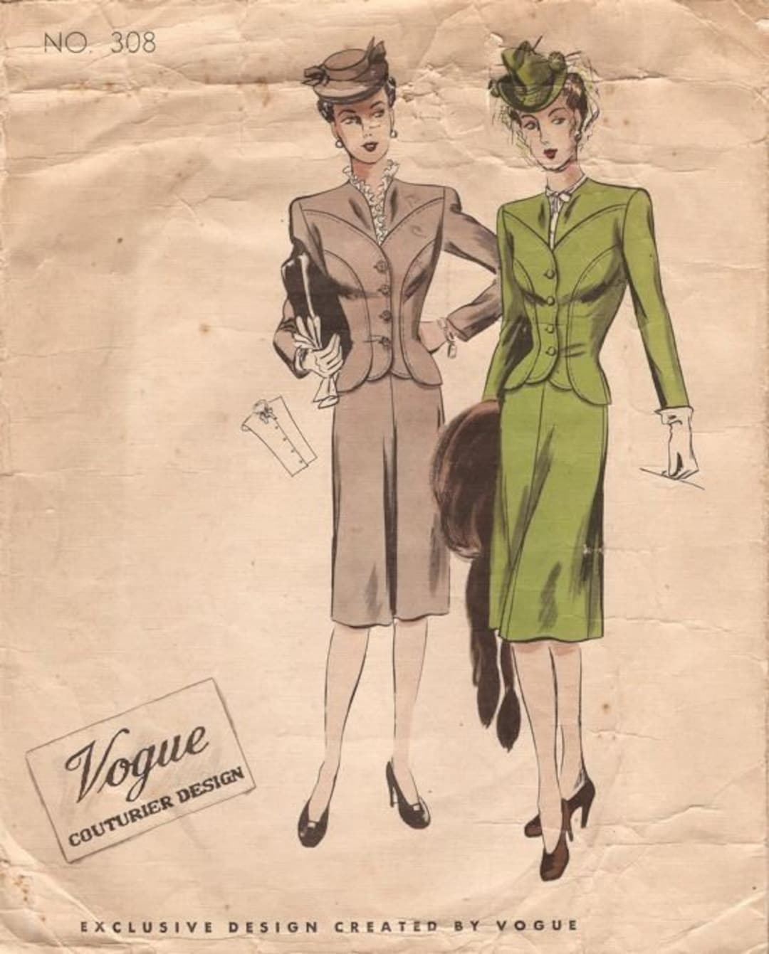 194os WW2 Vintage VOGUE Sewing Pattern B32″ Suit-jacket Skirt & DICKEY ...