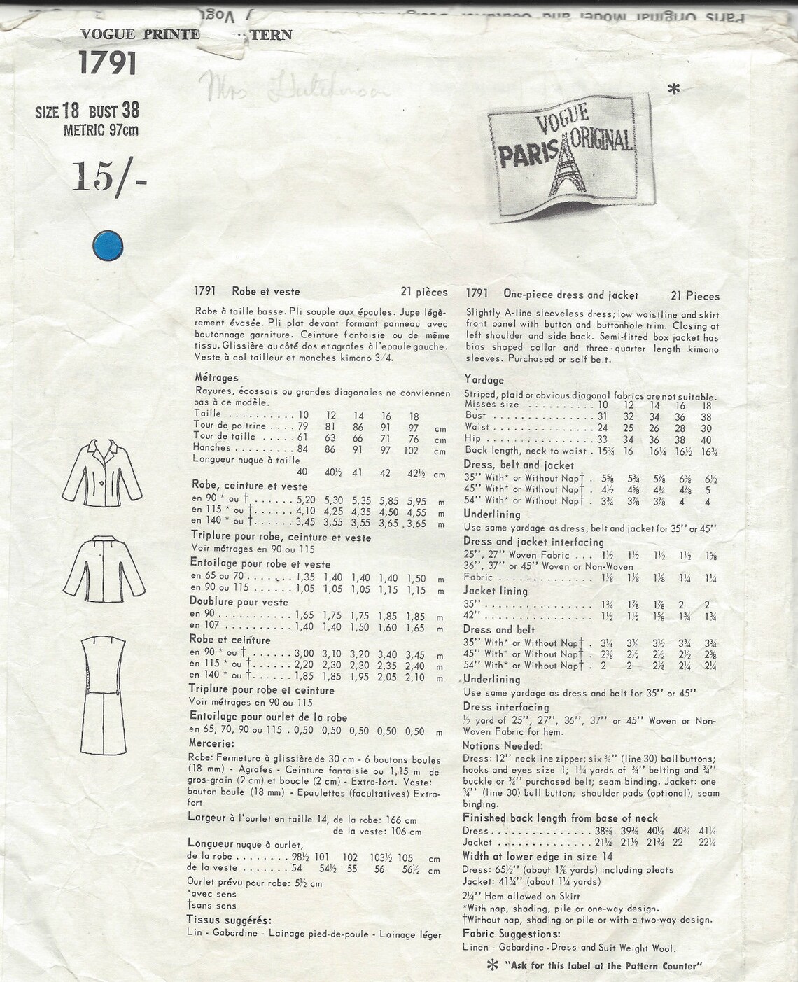 1967 Vintage VOGUE Sewing Pattern B38 DRESS & JACKET (1427) by Givenchy ...