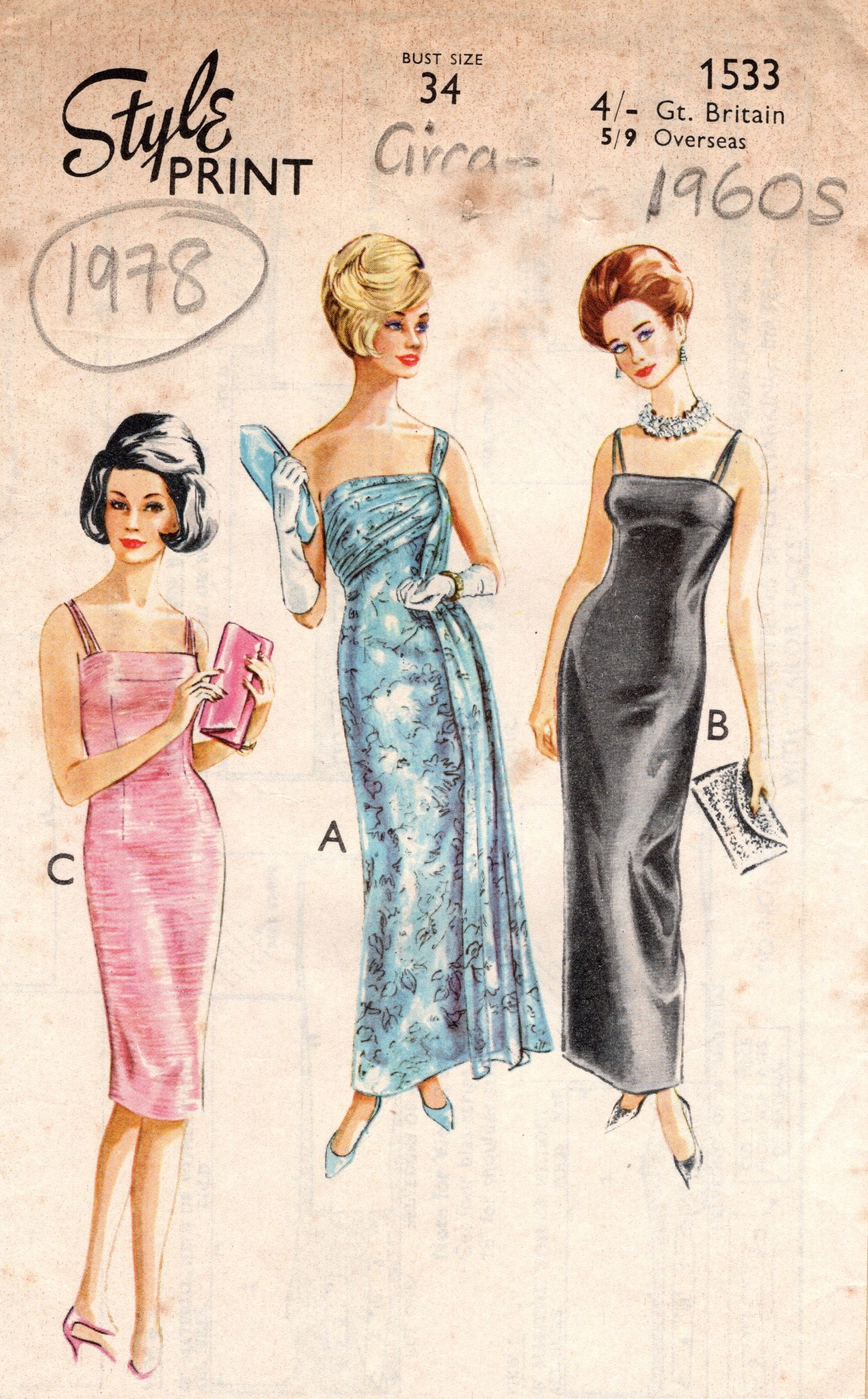 1960s Vintage Sewing Pattern B34 EVENING COCKTAIL DRESS 1978 Style 1533 ...