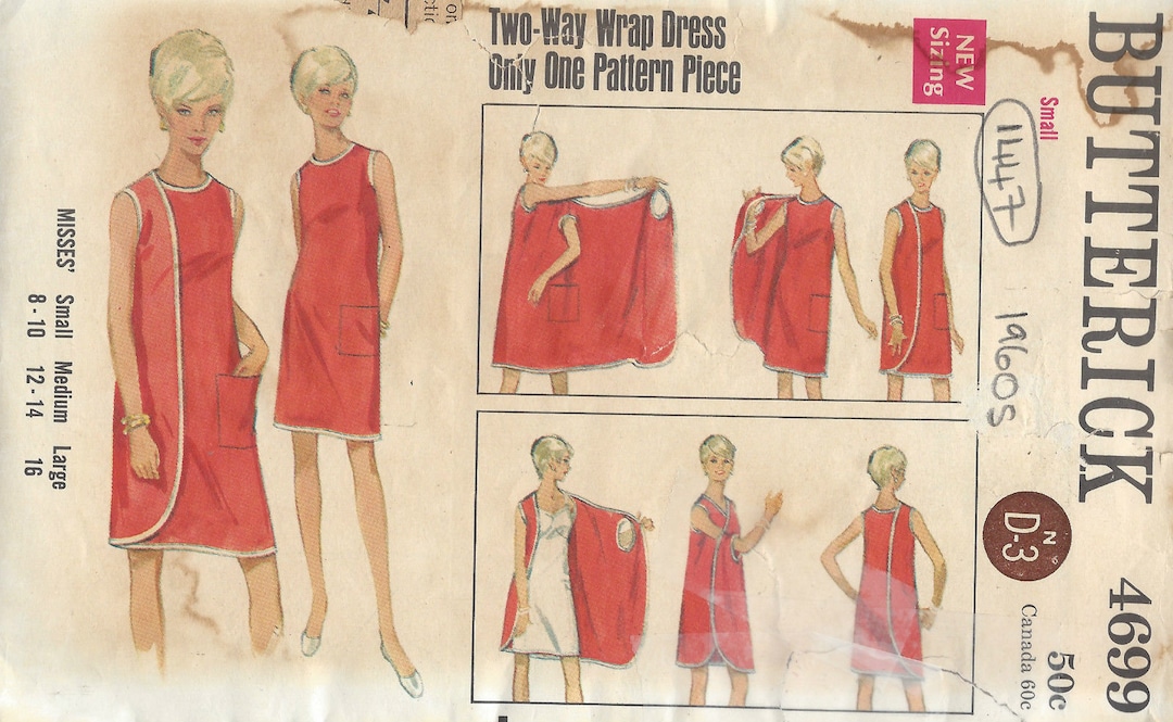 1960s Vintage Sewing Pattern B31.5"- 32.5" WRAP DRESS SMALL (1447 ...