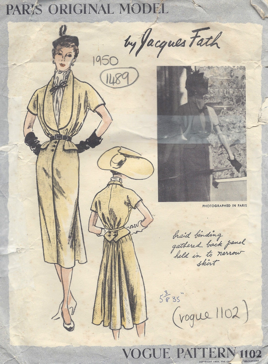 1950 Vintage VOGUE Sewing Pattern B36 DRESS & SCARF (1489) by Jacques ...