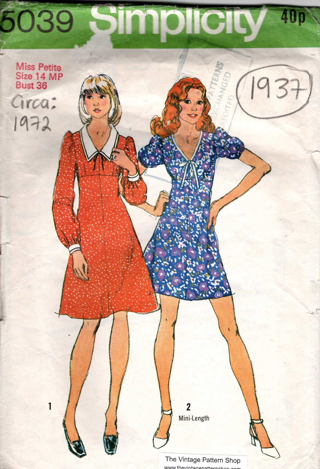1972 Vintage Sewing Pattern B36″ DRESS (1937) by Simplicity 5039 - Etsy