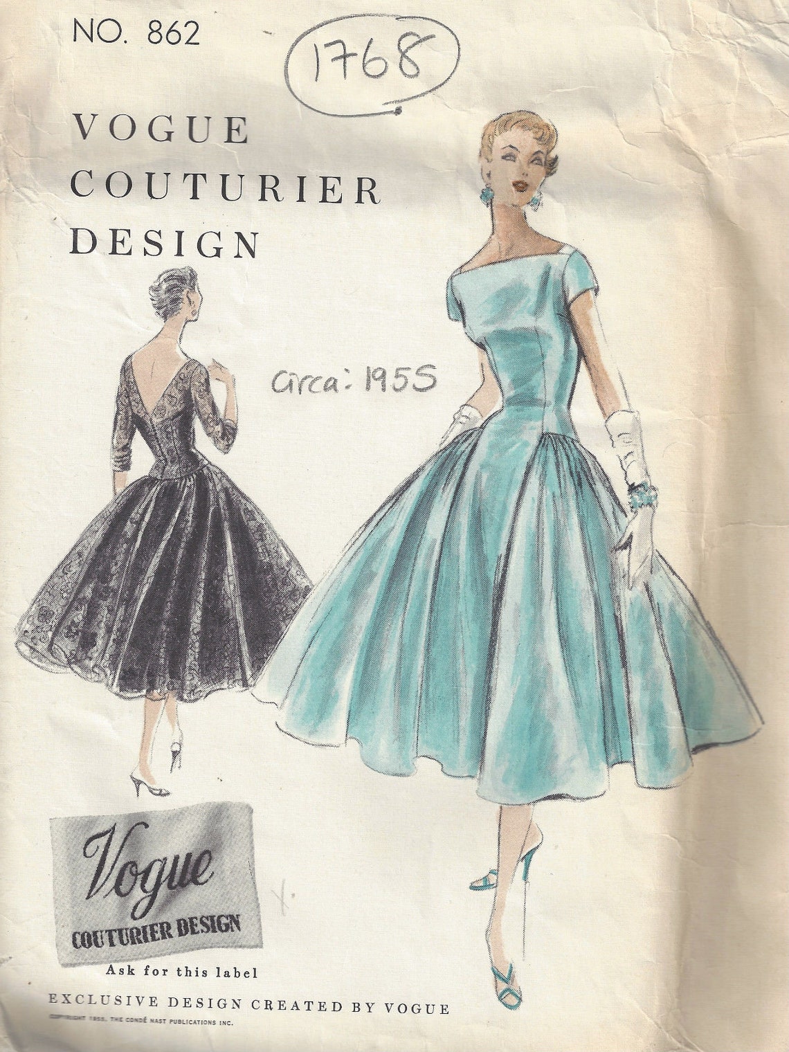 1955 Vintage VOGUE Sewing Pattern B30″ One-piece Dress & SLIP (1768 ...