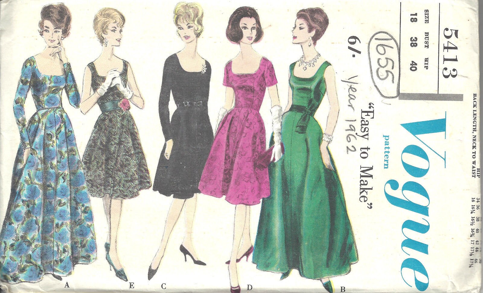 1962 Vintage VOGUE Sewing Pattern B38" DRESS (1655) by Vogue 5413 - Etsy