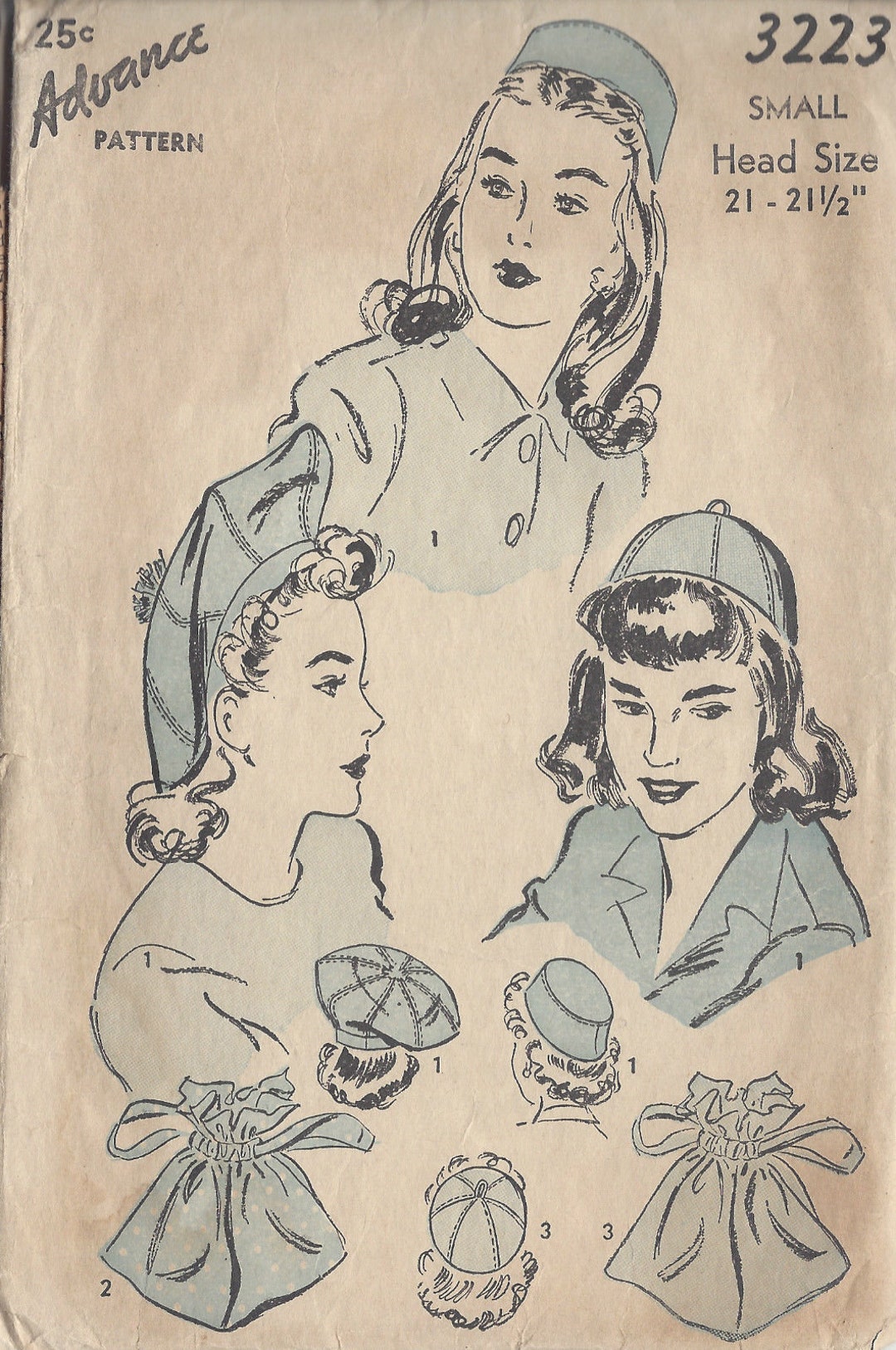 1940s Vintage Sewing Pattern S21"-21 1/2" HAT BAG & BEANIE (1029) by ...