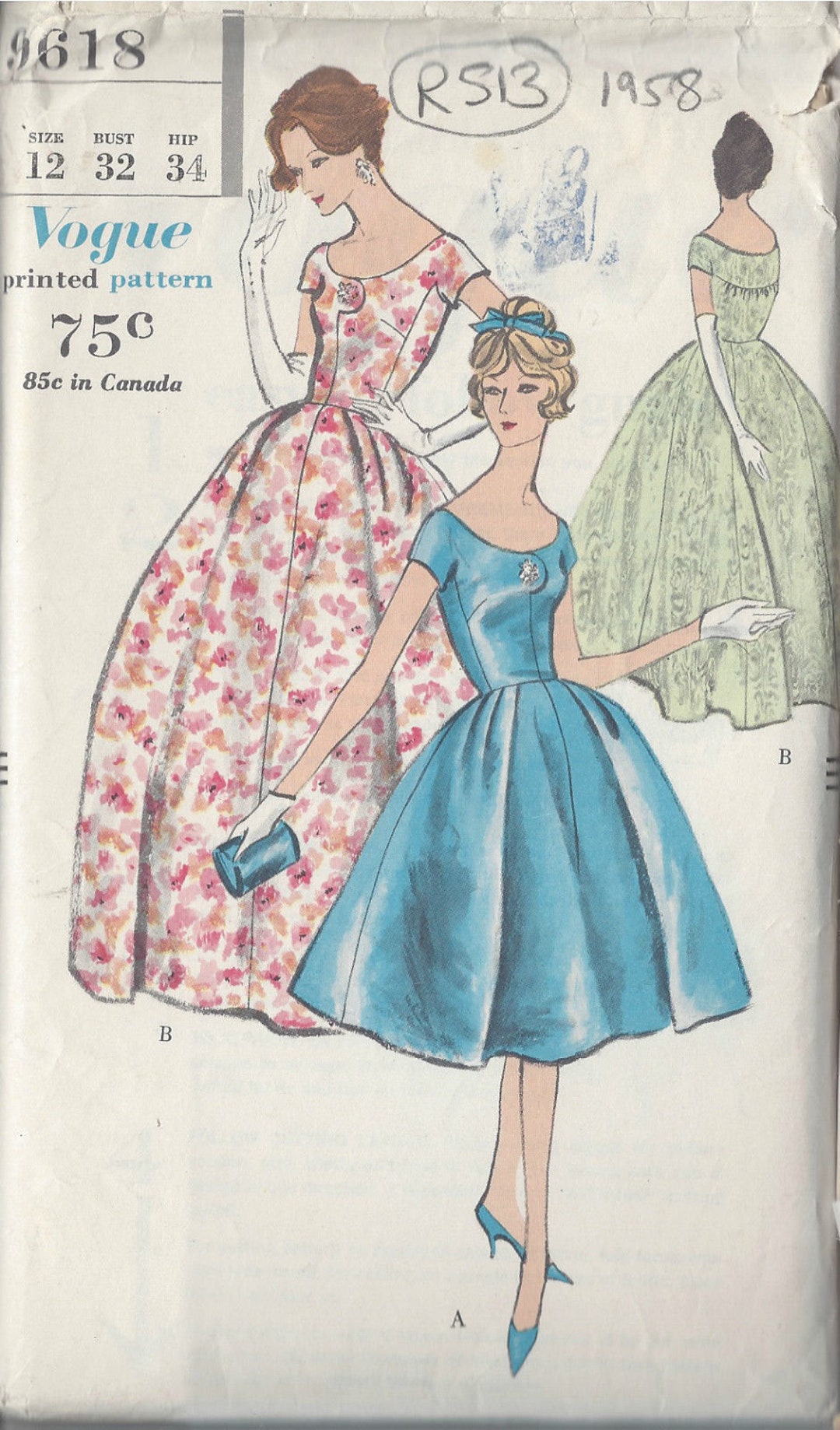 1958 Vintage VOGUE Sewing Pattern B32" DRESS & PETTICOAT (R513) by ...