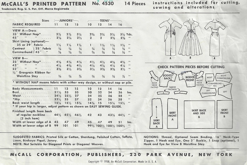 1958 Vintage Sewing Pattern B34 DRESS 1561 Mccalls 4530 - Etsy