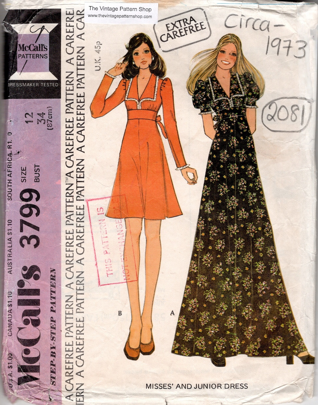 1973 Vintage Sewing Pattern B34in Dress (2081) by Mccalls 3799 - Etsy