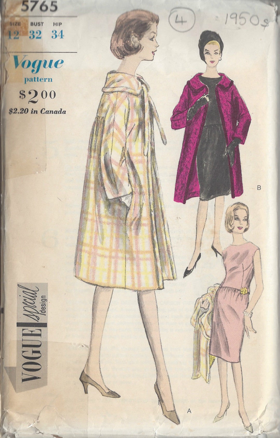 1950s Vintage VOGUE Sewing Pattern B32" COAT & DRESS (R708) Vogue 5765 ...