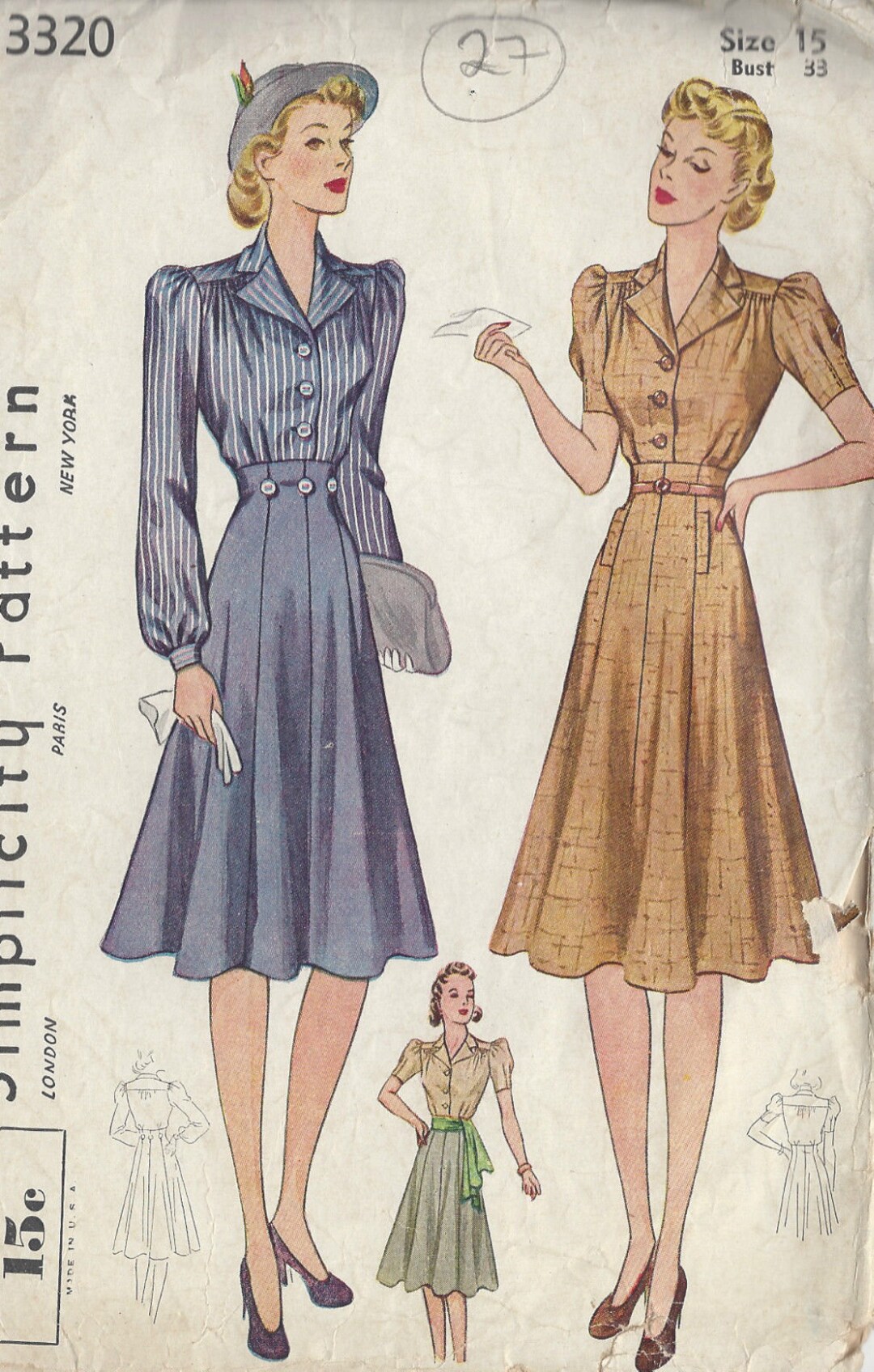 1940 Vintage Sewing Pattern B33" DRESS-SKIRT & BLOUSE (27) Simplicity ...
