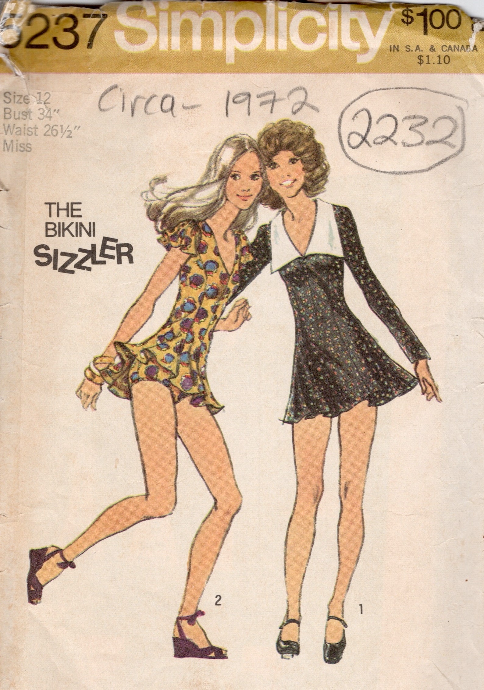 1972 Vintage Sewing Pattern B34 DRESS Detachable Collar BIKINI PANTS ...