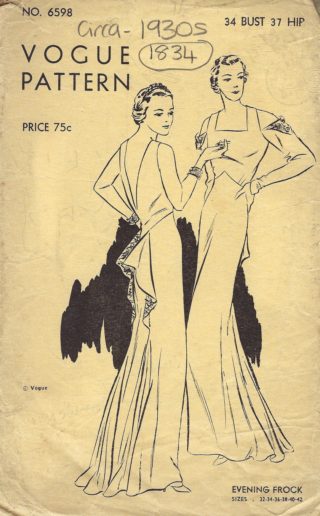 1930s Vintage VOGUE Sewing Pattern B34 DRESS (1834) VOGUE 6598 - Etsy