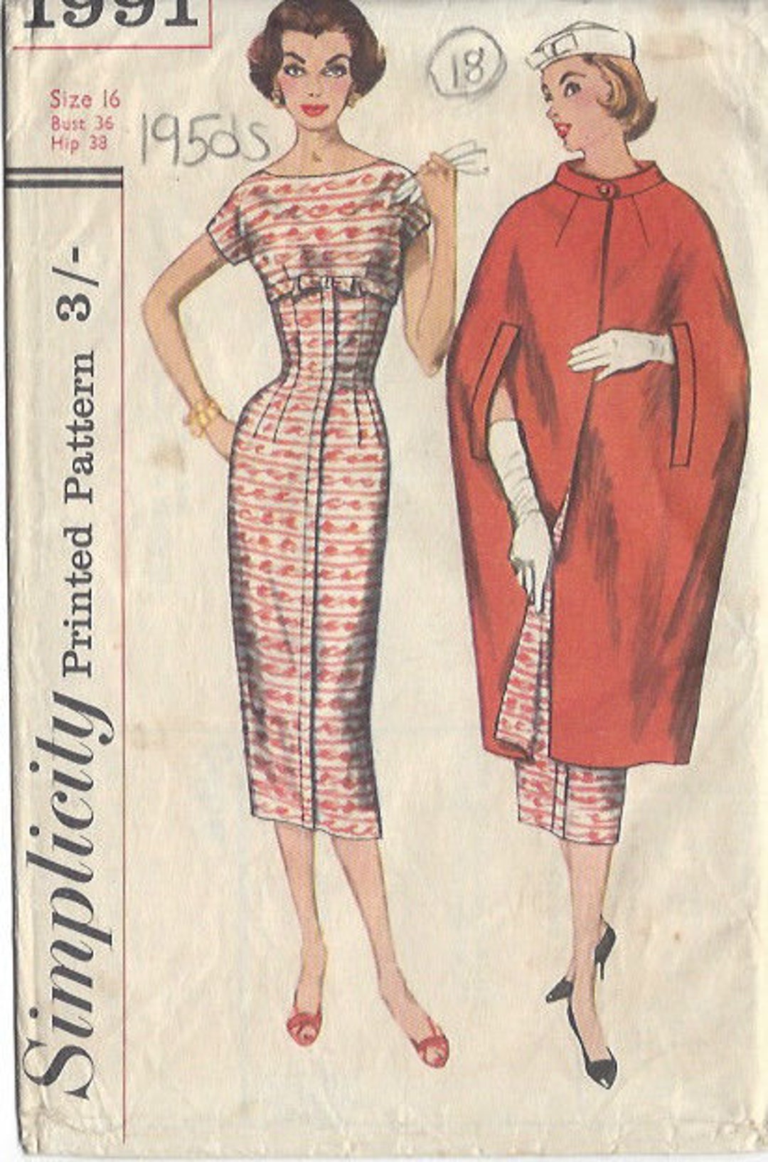 1957 Vintage Sewing Pattern DRESS & CAPE B36"-s16 (18) Simplicity 1991 ...
