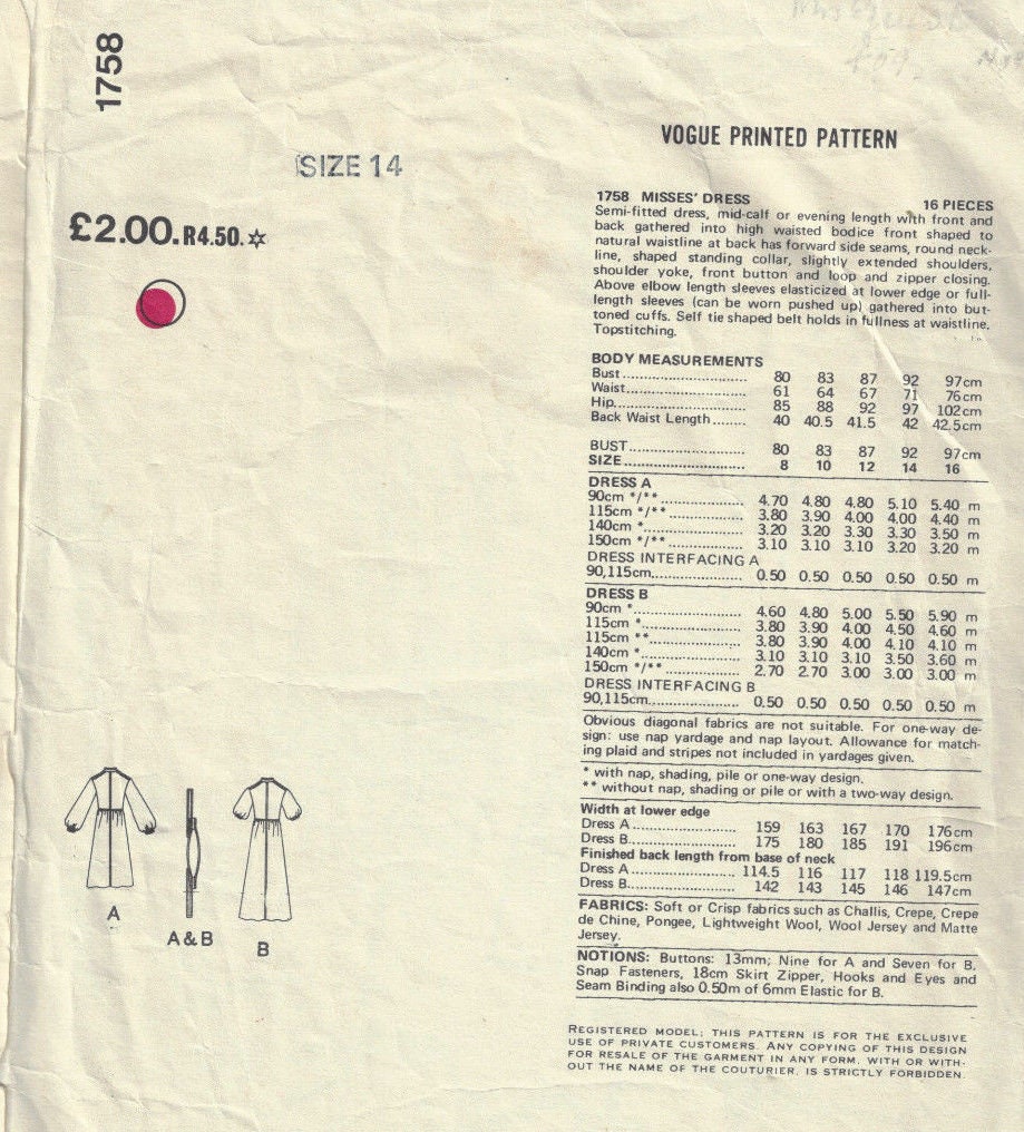 1978 Vintage VOGUE Sewing Pattern B36" Dress (1707) by EMANUEL UNGARO ...