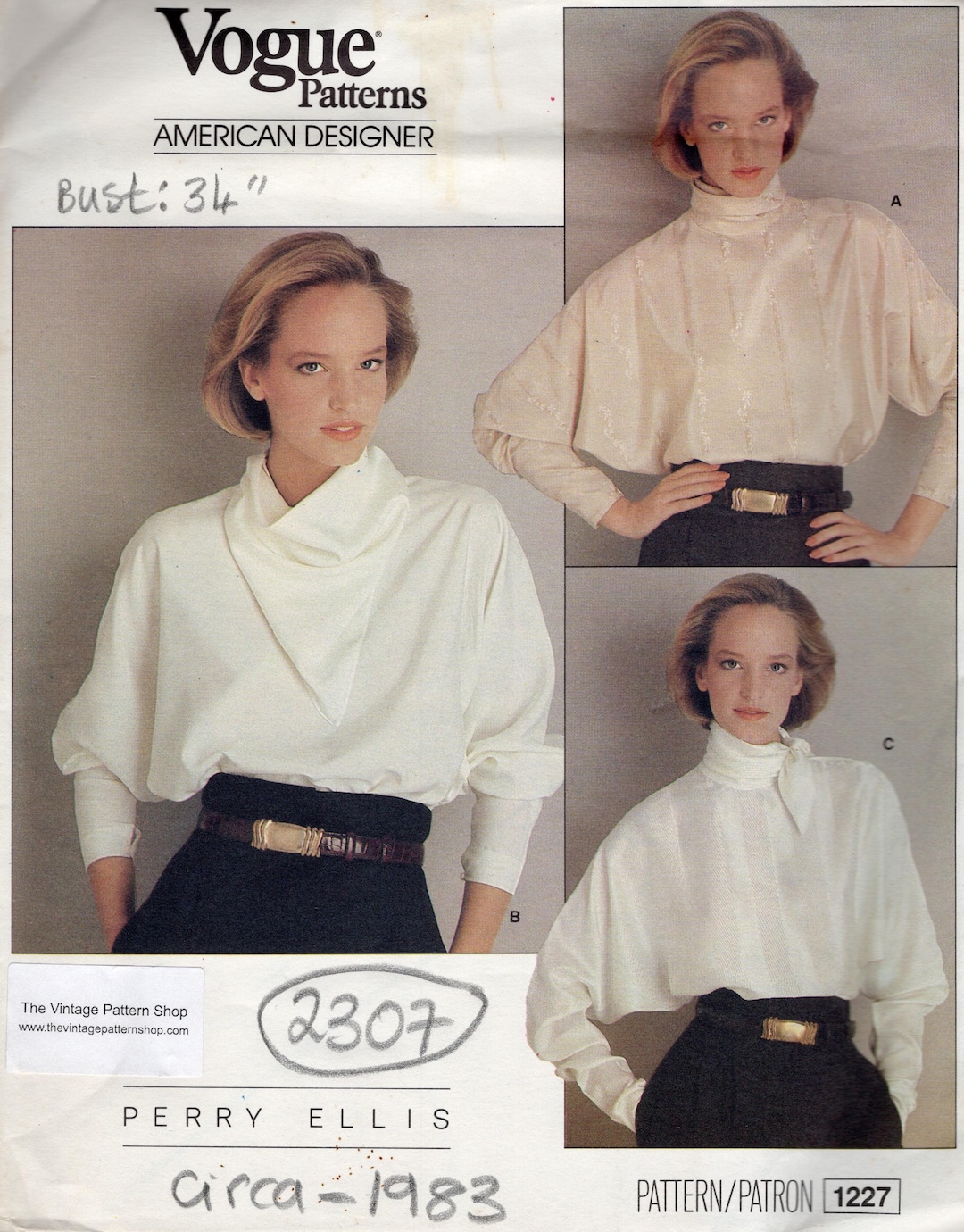 1983 Vintage VOGUE Sewing Pattern B34" BLOUSE (2307) by Perry Ellis ...