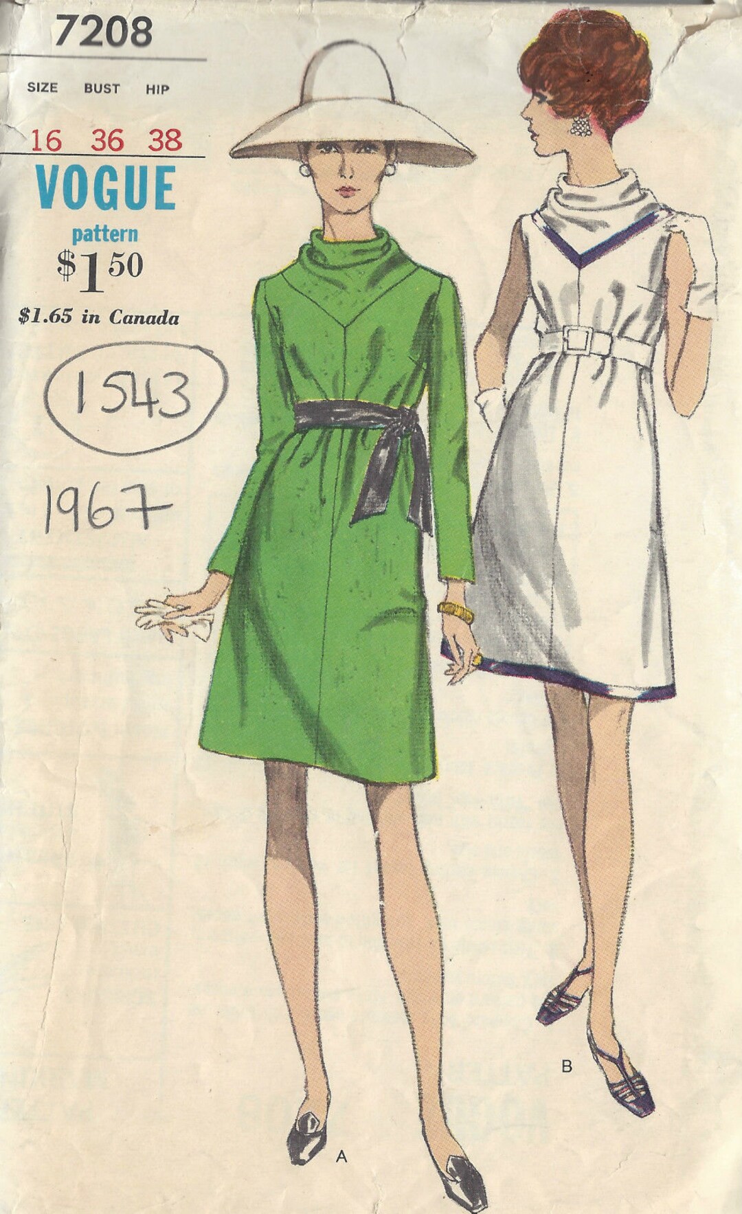 1967 Vintage VOGUE Sewing Pattern DRESS B36 (1543) by Vogue 7208 - Etsy