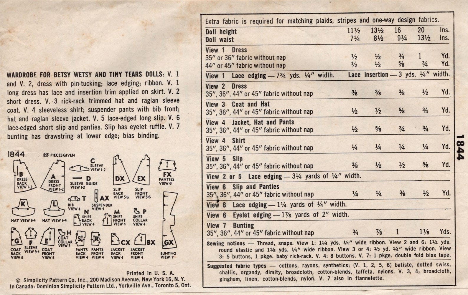 1956 Doll Vintage Sewing Pattern 17” Coat Hat Dress Jacket Shirt Pants ...