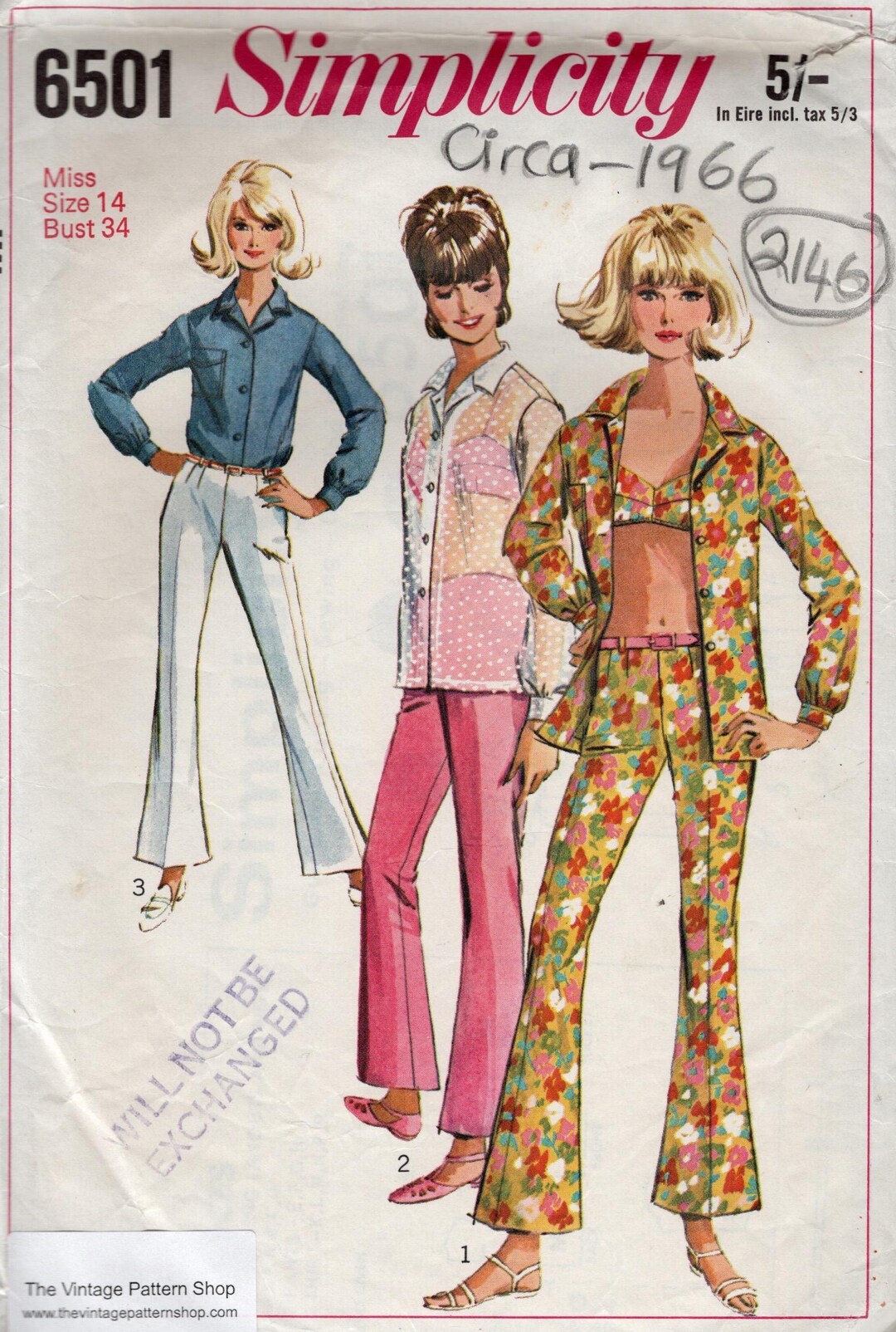 1966 Vintage Sewing Pattern Bell-bottom Pants, Shirt, Bra-top B34in ...