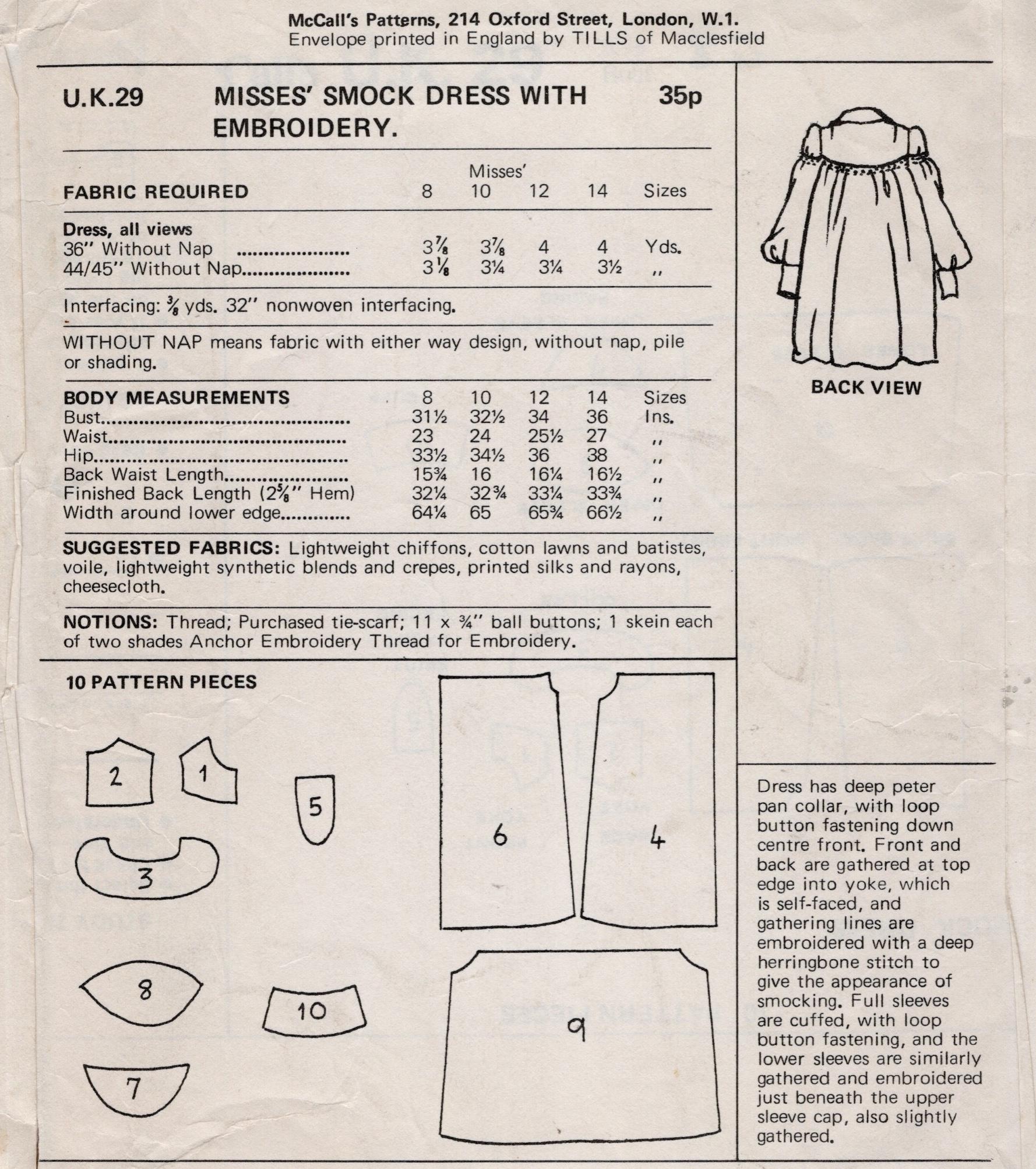 Late 1960s Vintage Sewing Pattern (bust: 34″) SMOCK DRESS With ...