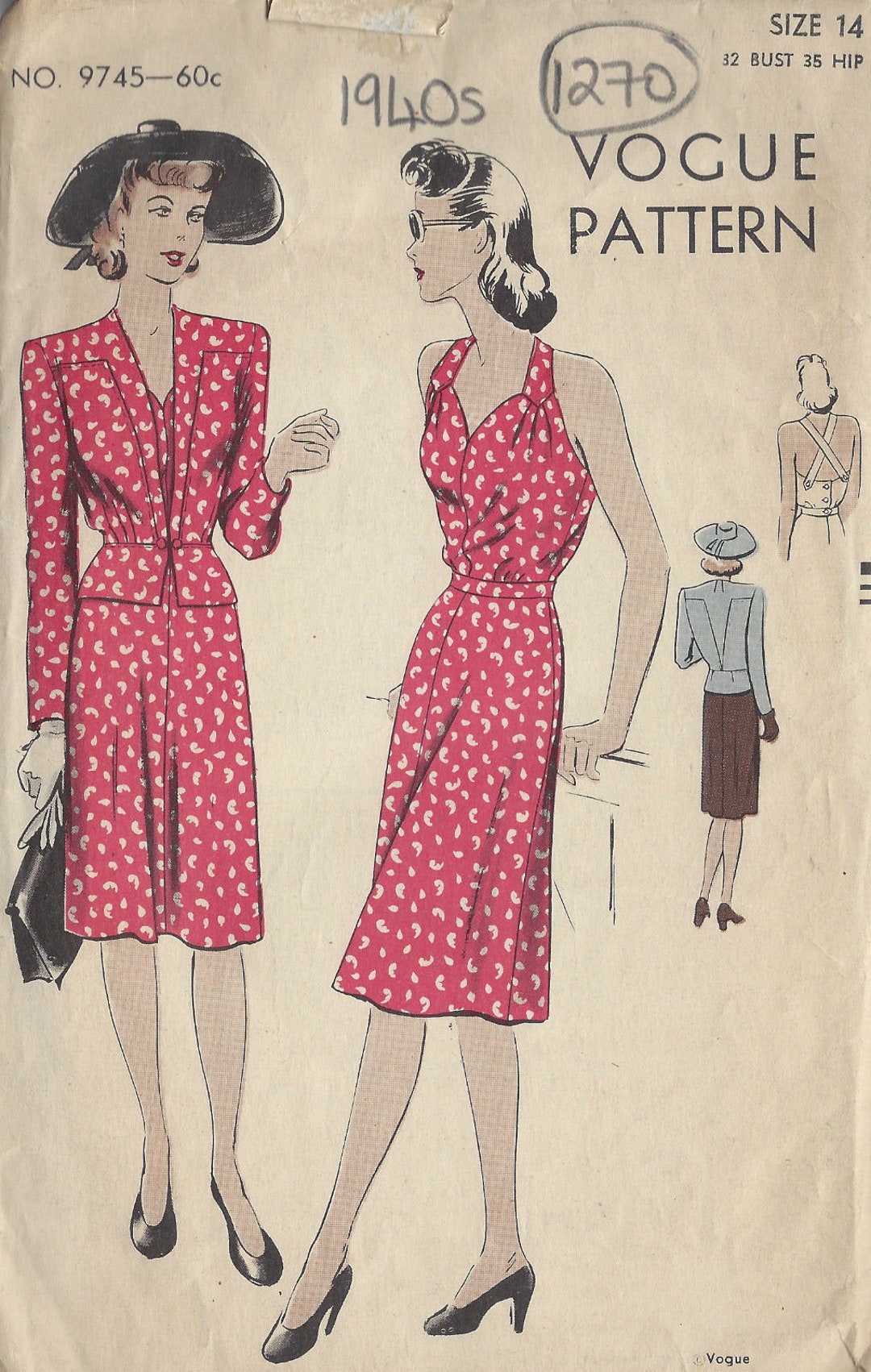 1940s WW2 Vintage VOGUE Sewing Pattern B32 DRESS & JACKET (1270) Vogue ...