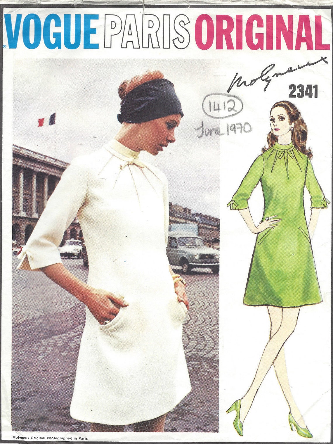 1970 Vintage VOGUE Sewing Pattern DRESS B36 (1412)by Molyneux Vogue ...