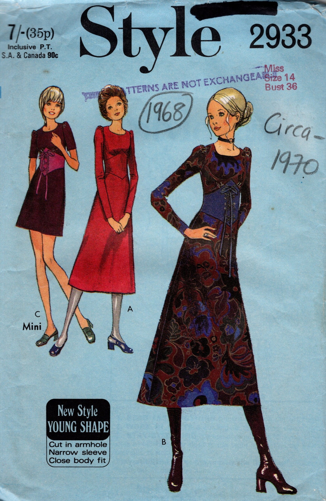 1970 Vintage Sewing Pattern B36″ DRESS (1968) by Style 2933 - Etsy
