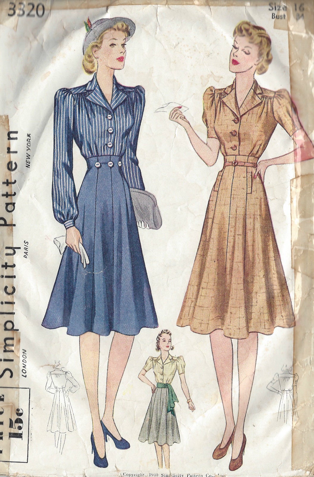 1940 Vintage Sewing Pattern B34 DRESS-SKIRT & BLOUSE R606 Simplicity ...
